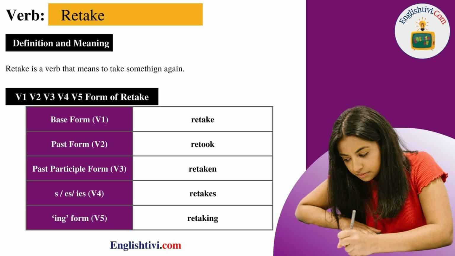 Retake V1 V2 V3 V4 V5 Base Form, Past Simple, Past Participle Form of ...