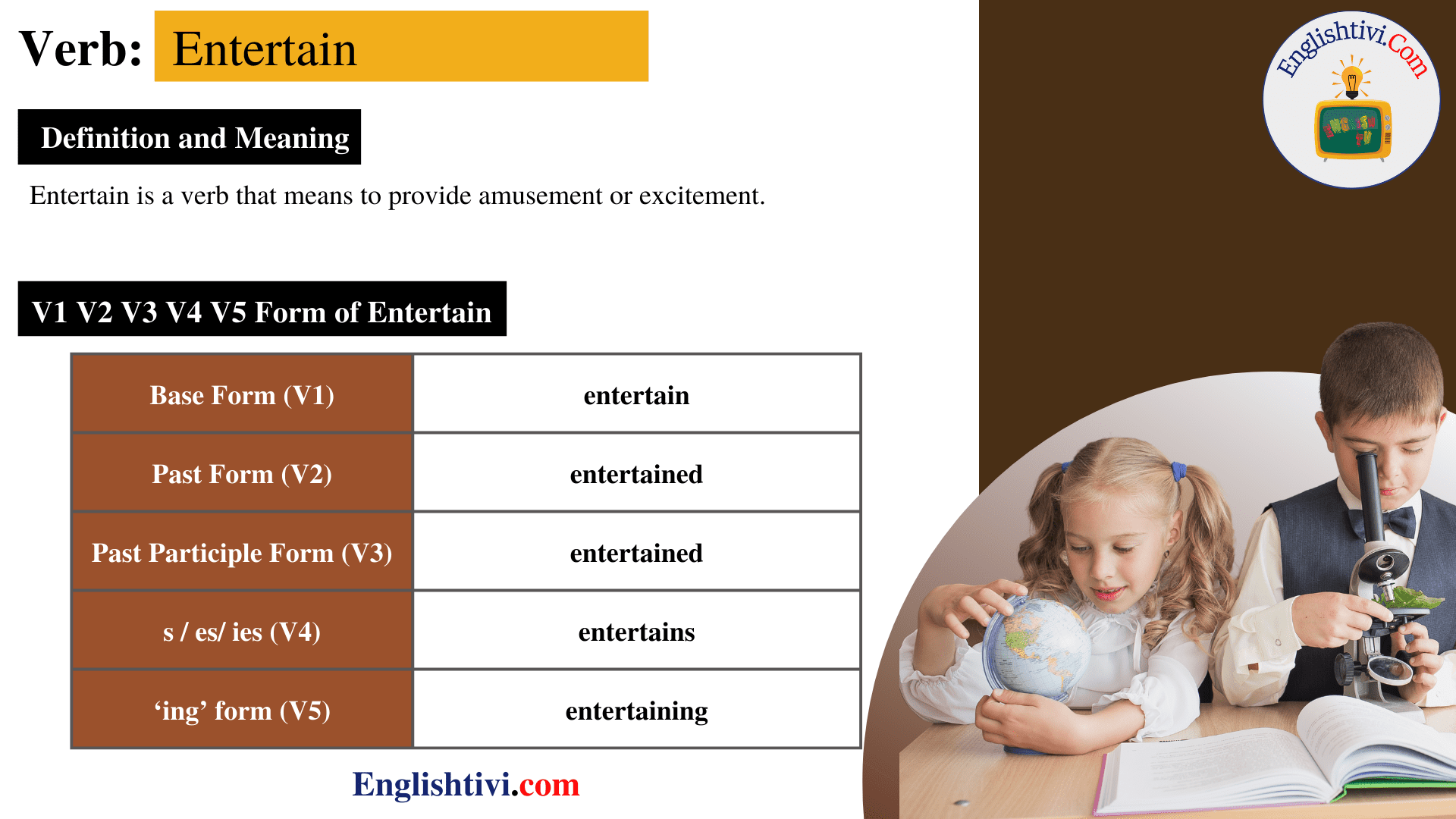 Entertain V1 V2 V3 V4 V5 Base Form Past Simple Past Participle Form Entertain V1 V2 V3 V4 V5 Base Form Past Simple Past Participle Form