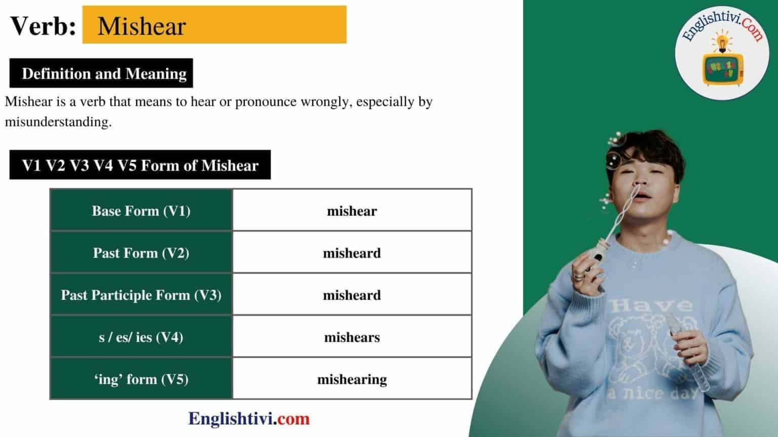 Mishear V1 V2 V3 V4 V5 Base Form, Past Simple, Past Participle Form of ...