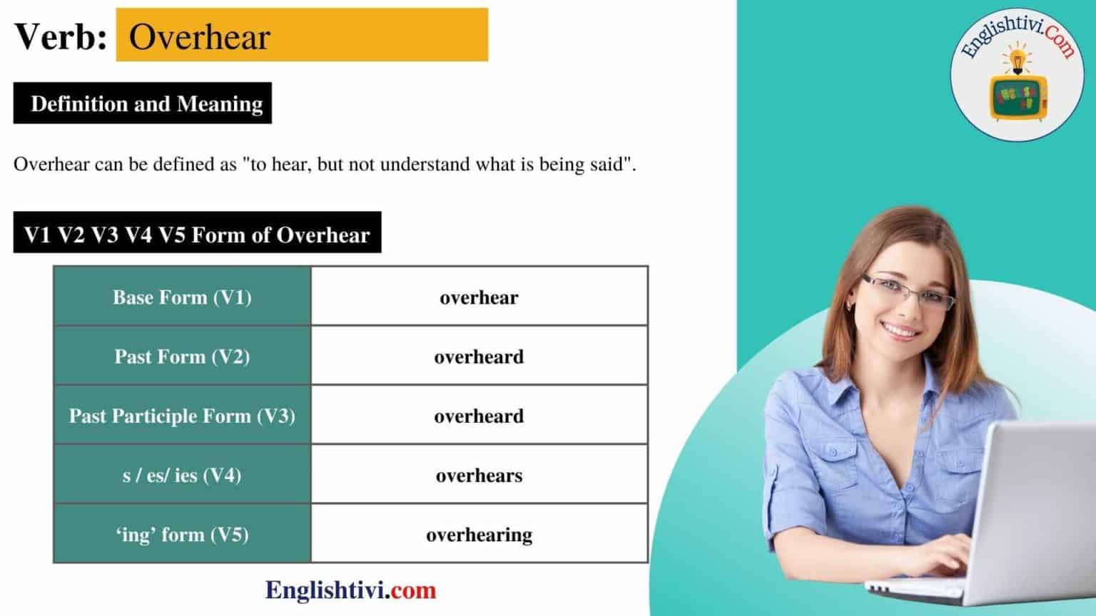 Overhear V1 V2 V3 V4 V5 Base Form, Past Simple, Past Participle Form of ...