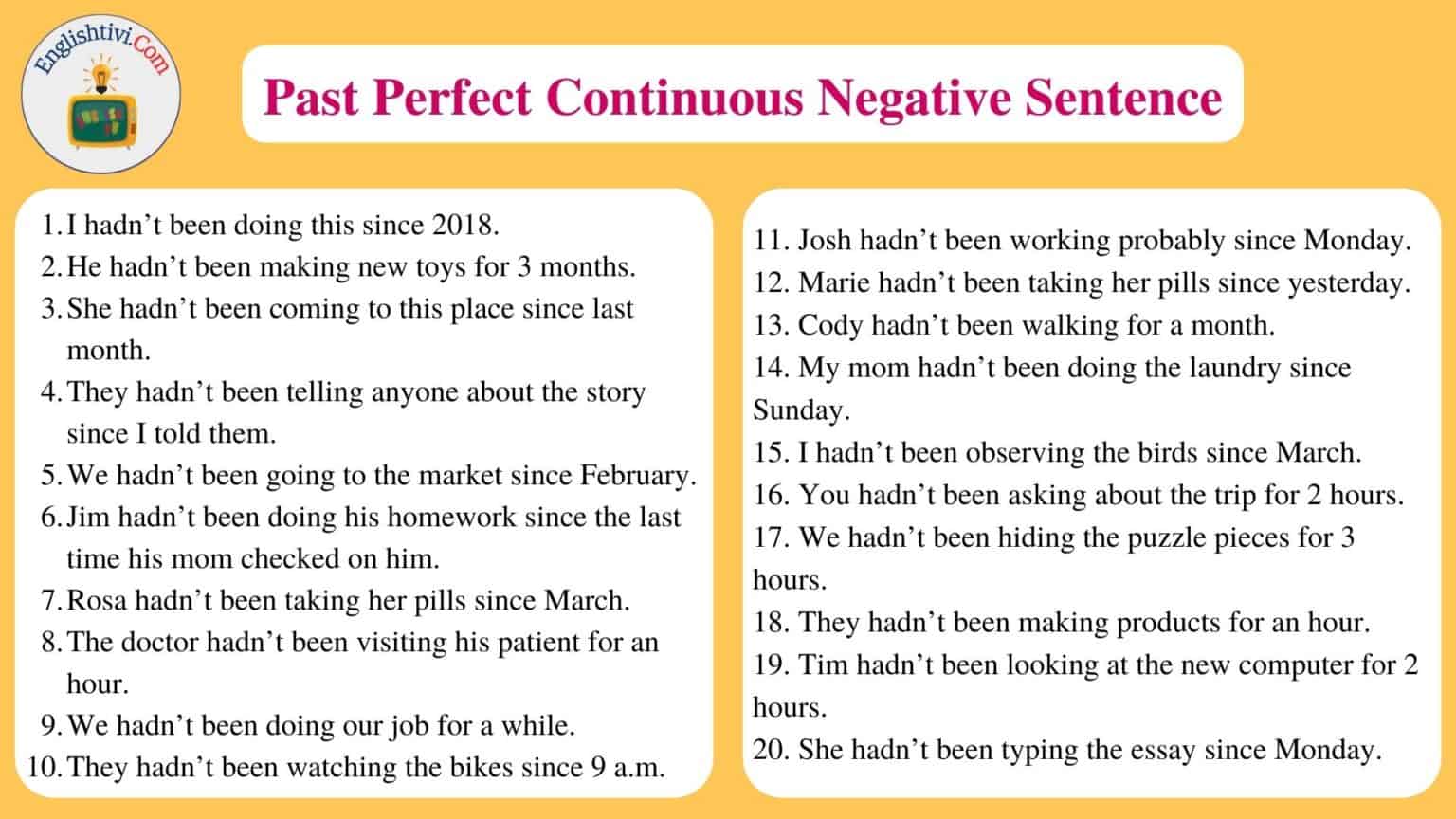 60 Sentences Example in Past Perfect Continuous Tense - Englishtivi