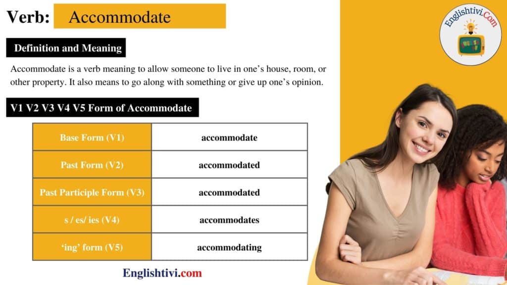 Accommodate V1 V2 V3 V4 V5 Base Form, Past Simple, Past Participle Form ...