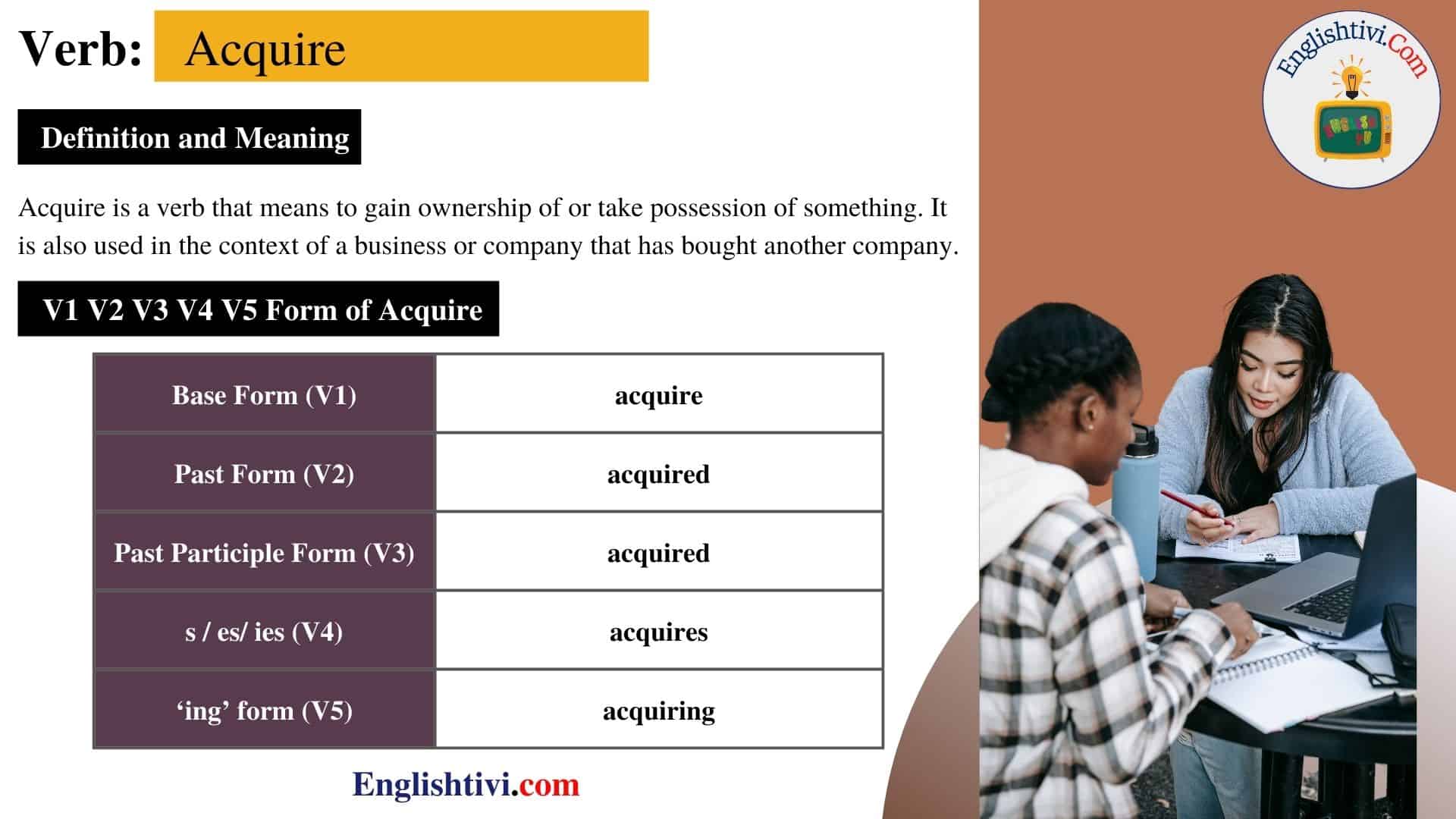 Acquire V1 V2 V3 V4 V5 Base Form, Past Simple, Past Participle Form of ...