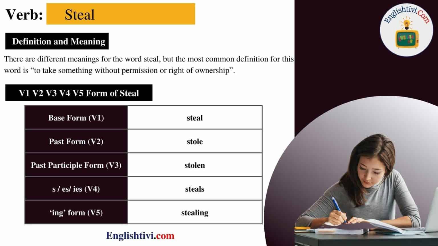 Steal V1 V2 V3 V4 V5 Base Form, Past Simple, Past Participle Form of ...