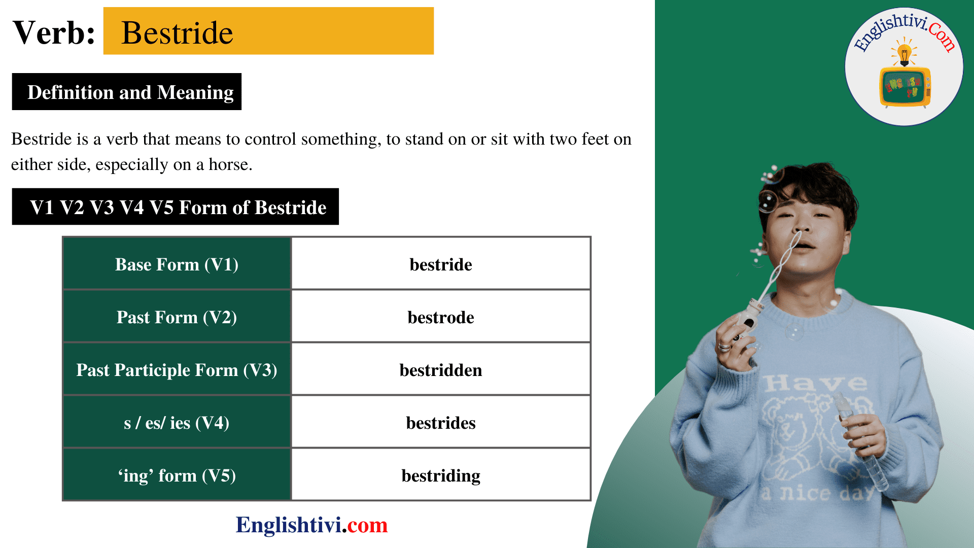 Bestride V1 V2 V3 V4 V5 Base Form, Past Simple, Past Participle Form of ...