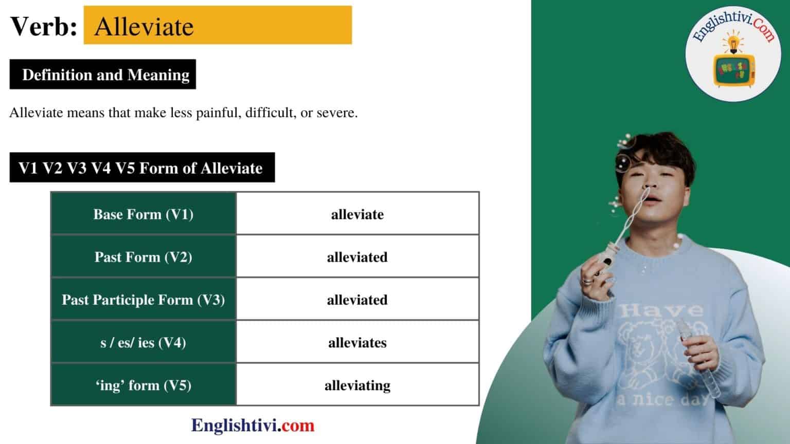Alleviate V1 V2 V3 V4 V5 Base Form, Past Simple, Past Participle Form ...