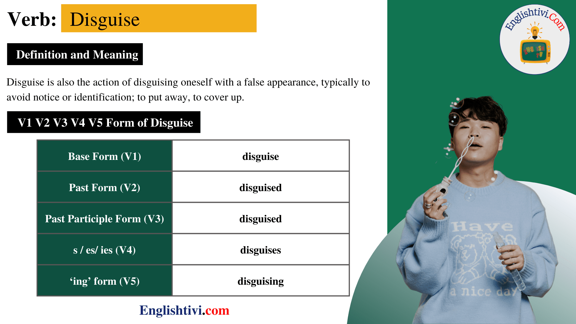 Disguise V1 V2 V3 V4 V5 Base Form, Past Simple, Past Participle Form of ...