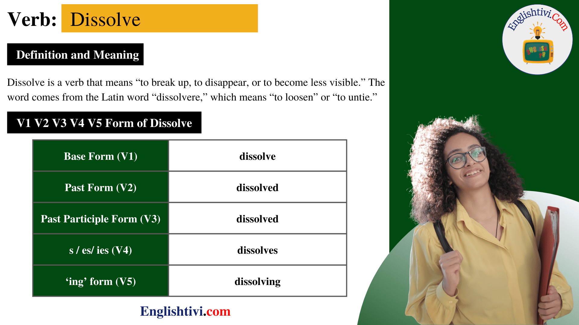 Dissolve V1 V2 V3 V4 V5 Base Form, Past Simple, Past Participle Form of ...