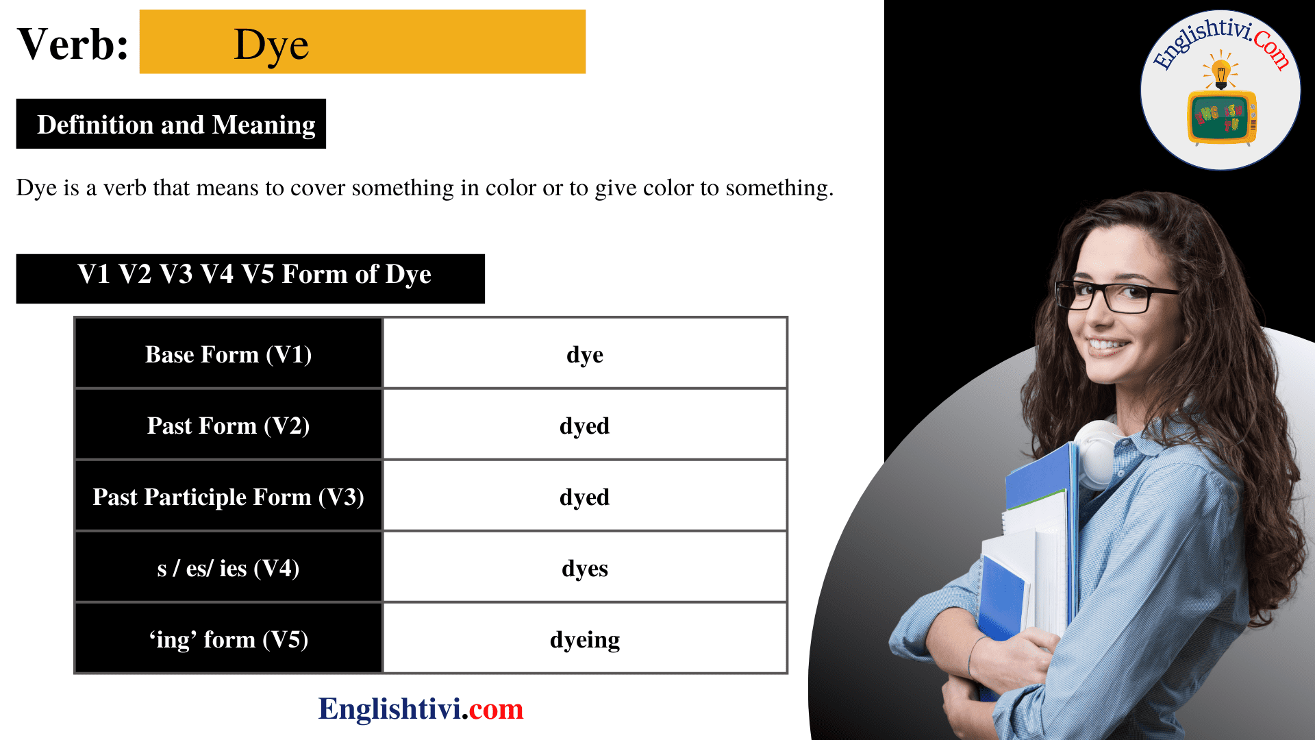 Dye V1 V2 V3 V4 V5 Base Form, Past Simple, Past Participle Form of Dye ...