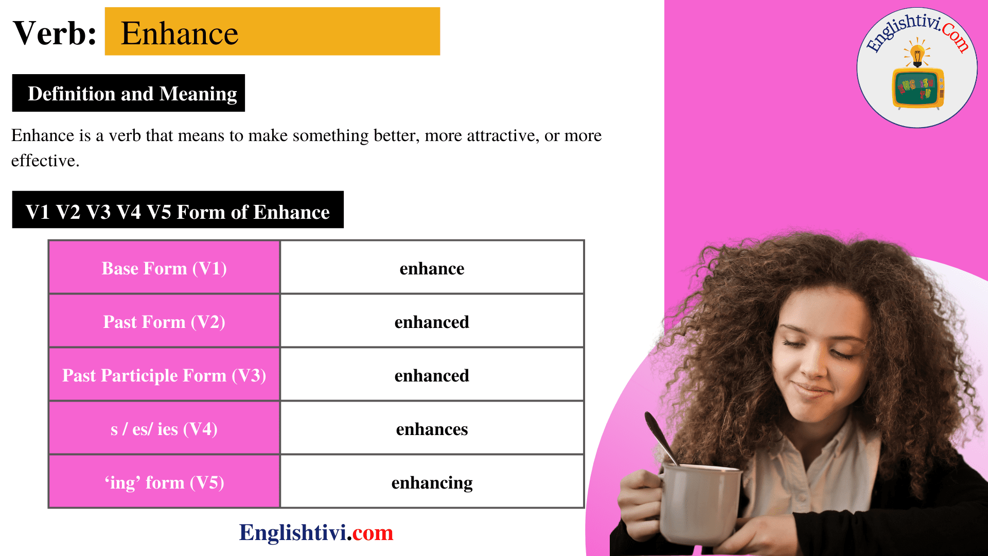 Enhance V1 V2 V3 V4 V5 Base Form Past Simple Past Participle Form Of