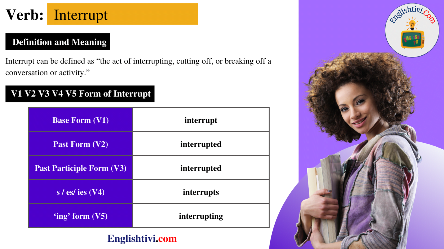 Interrupt V1 V2 V3 V4 V5 Base Form, Past Simple, Past Participle Form ...