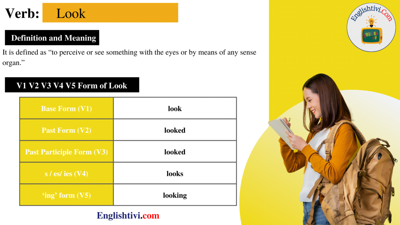 Look V1 V2 V3 V4 V5 Base Form, Past Simple, Past Participle Form of ...