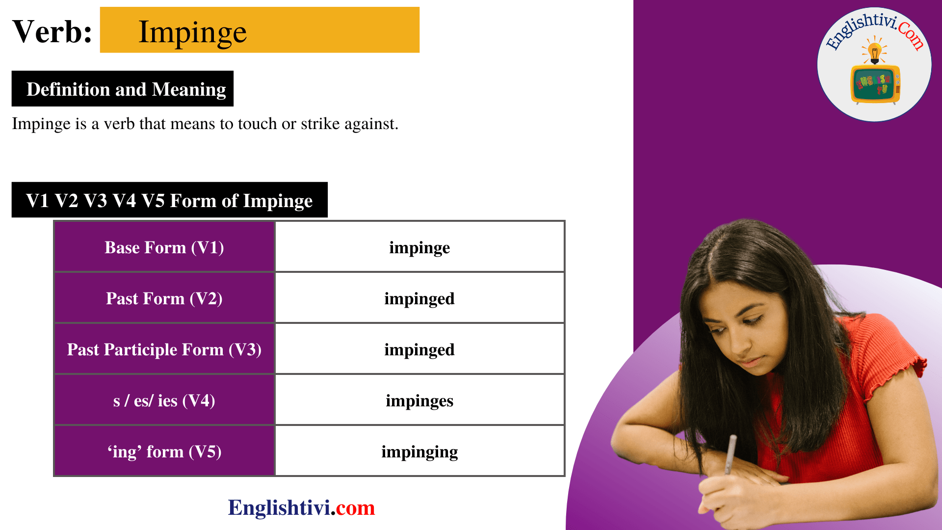Impinge V1 V2 V3 V4 V5 Base Form, Past Simple, Past Participle Form of ...