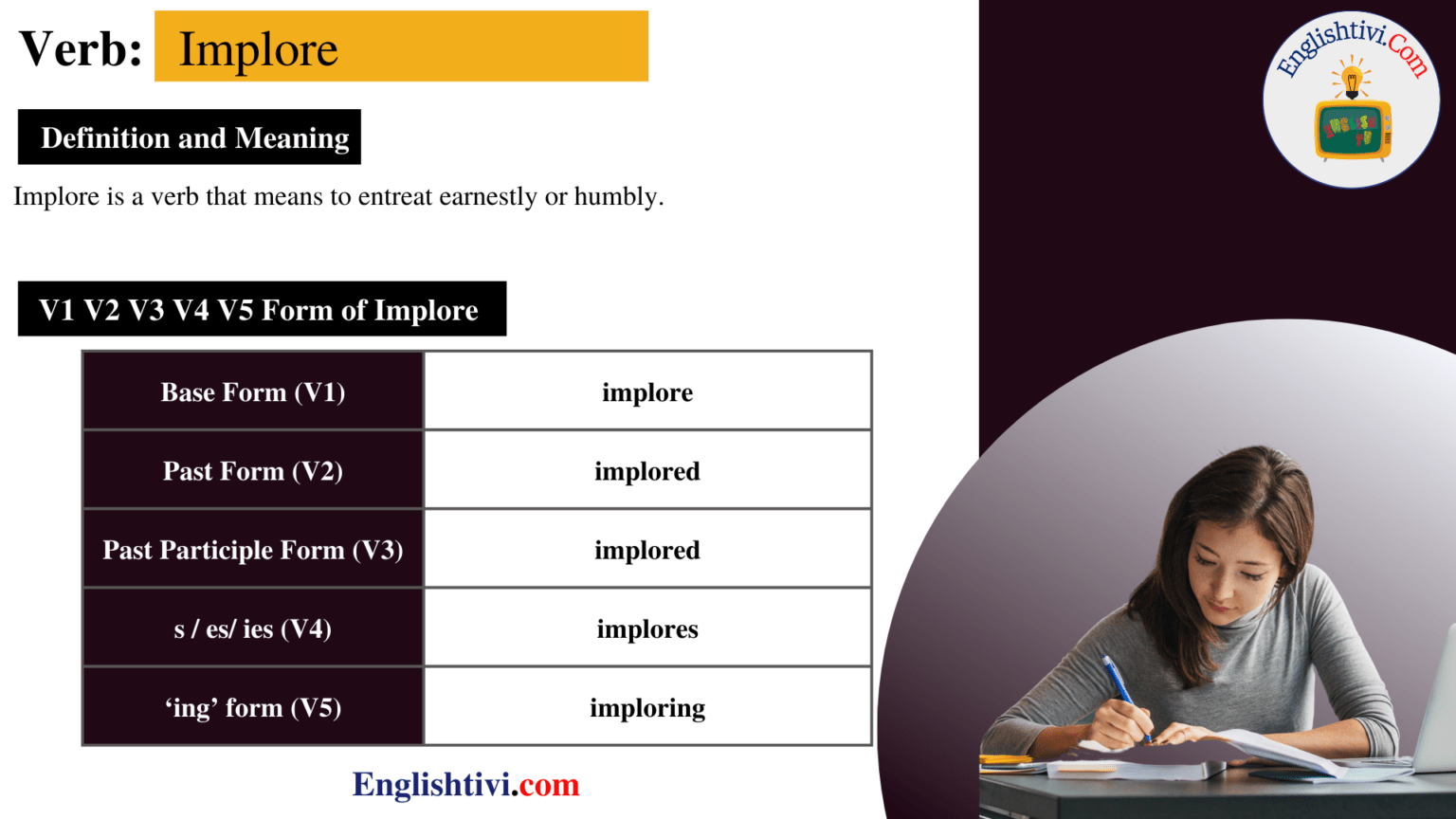 Implore V1 V2 V3 V4 V5 Base Form, Past Simple, Past Participle Form of ...