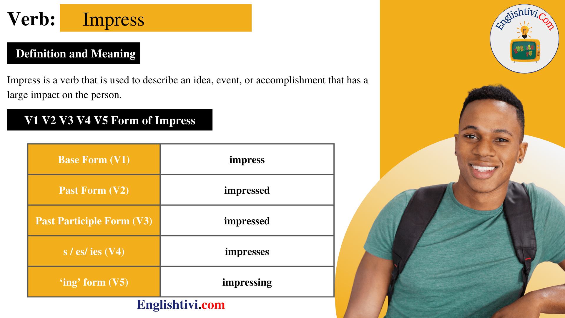 Impress V1 V2 V3 V4 V5 Base Form, Past Simple, Past Participle Form of ...